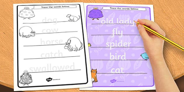 There Was an Old Lady Who Swallowed a Fly Trace Words Worksheets