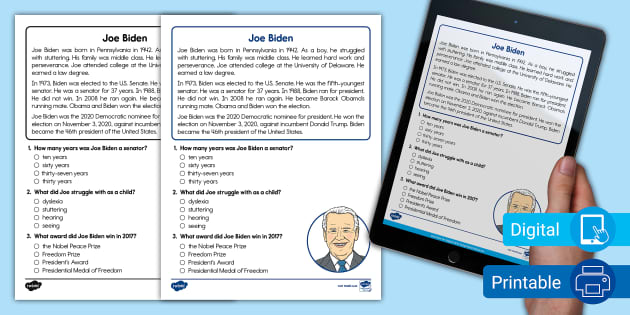Second Grade Joe Biden Reading Comprehension | Twinkl USA