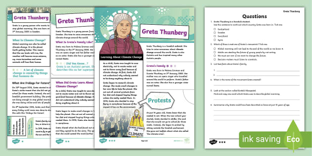 Year 3/4 Greta Thunberg Differentiated Reading Comprehension Activity