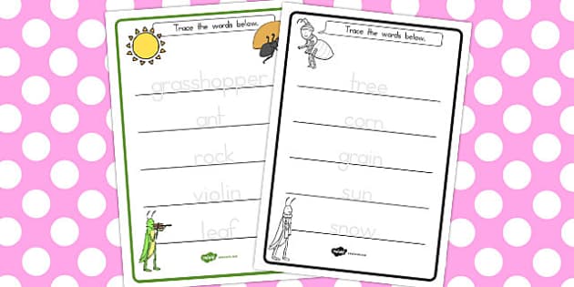 The Ant and the Grasshopper Trace the Words Worksheets - tracing