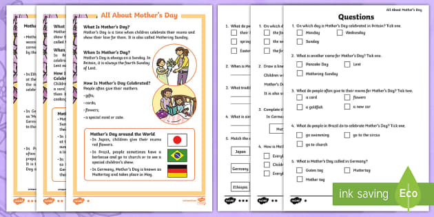 KS1 Mother's Day Differentiated Reading Comprehension Activity - mother's