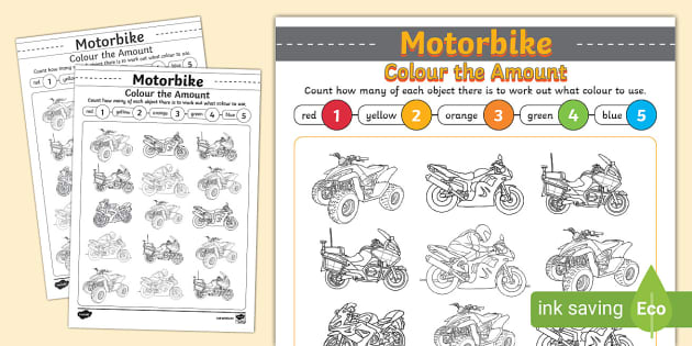 👉 Motorbike Colour the Amount Worksheet (teacher made)