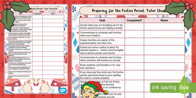 Preparing for the Festive Period: Tutor Checklist - Twinkl
