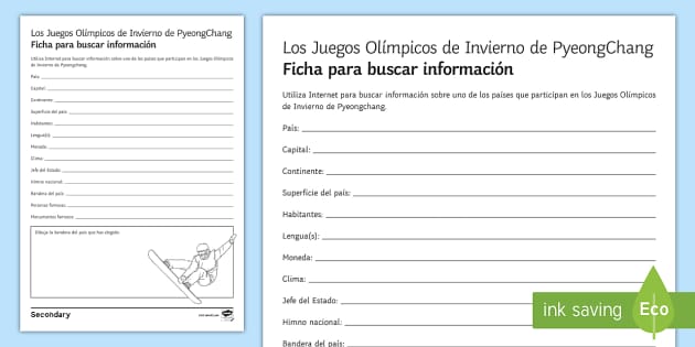 Winter Olympics 2018 Research Worksheet / Worksheet Spanish