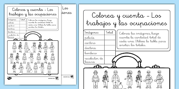 Ficha de Actividad:Colorea y cuenta - Los trabajos y las ocupaciones