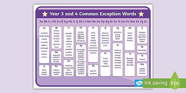 Year 3 And 4 Common Exception Words Display Poster
