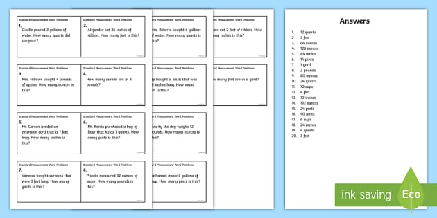Standard Measurement Word Problem Task Cards - Twinkl