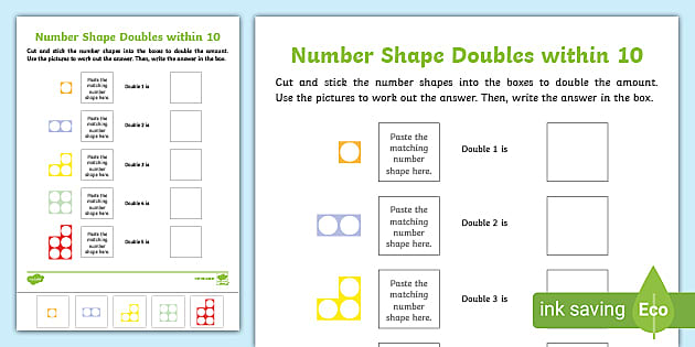 Number Shape Doubles to 10 Cut and Stick Worksheet