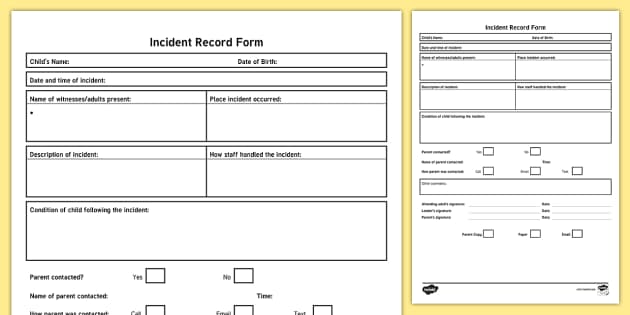 Incidents In An Early Years Setting Record Form Twinkl