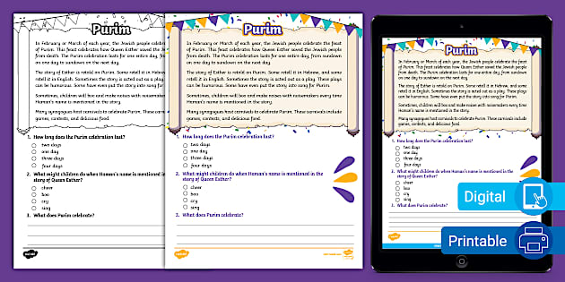 Third Grade Purim Reading Passage Comprehension Activity