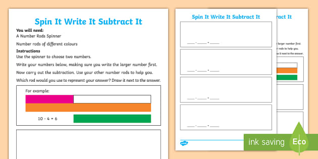 KS1 Spin It Write It Subtract It Number Rods Worksheet / Activity Sheet