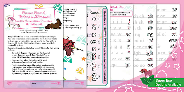 Phase 3 Unicorn-Themed Letter Formation Practice Left-Handed