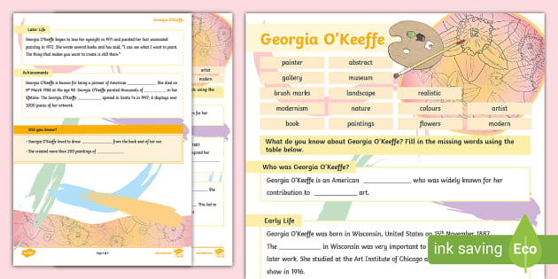 Georgia O'Keeffe Cloze Worksheet (professor feito) - Twinkl