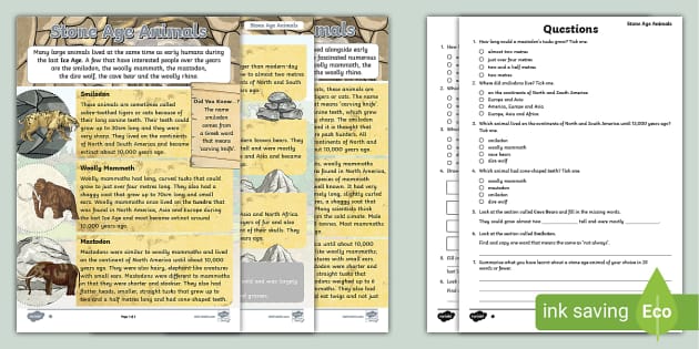LKS2 Stone Age Animals Differentiated Comprehension Activity