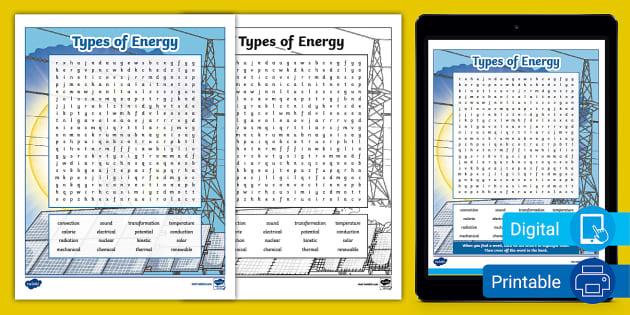 Types of Energy Word Search for 6th-8th Grade - Twinkl