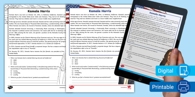 Fifth Grade Kamala Harris Reading Comprehension Activity