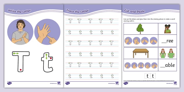 Letter T Handwriting Worksheets with Auslan (Teacher-Made)