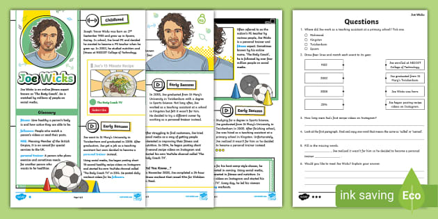 LKS2 Joe Wicks Differentiated Reading Comprehension Activity