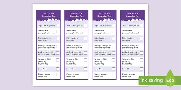 Features of a Discussion Text Checklist Bookmark - Twinkl