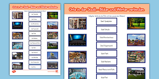 Orte in der Stadt - Bilder und Wörter verbinden - Arbeitsblatt