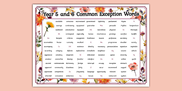 Wildflower Botanical Year 5 & 6 Common Exception Words Mat