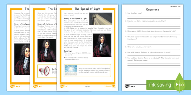The Speed of Light Differentiated Reading Comprehension Activity - Galileo
