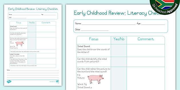 Preschool: Early Childhood Review: Literacy Checklist