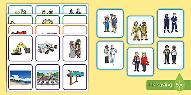 Jobs, Place of Work, Tools and Vehicles Matching Cards - Jobs and Tools