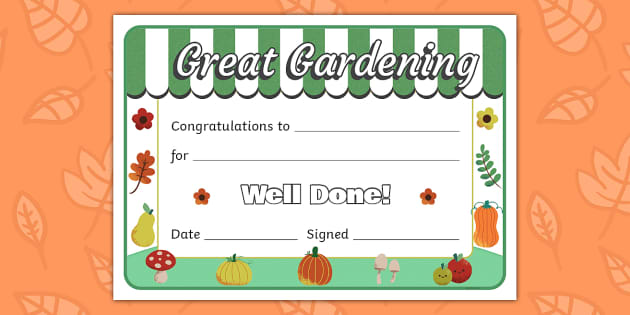 Autumn Market Themed Great Gardening Certificate - Twinkl