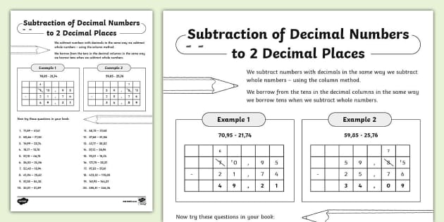Subtraction Of Decimal Numbers To 2 Decimal Places Activity Sheet