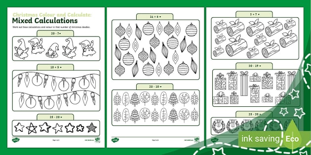 Christmas Colour and Calculate: Mixed Calculation - Twinkl