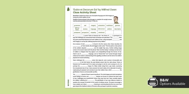 'Dulce et Decorum Est' by Wilfred Owen Cloze Activity Sheet