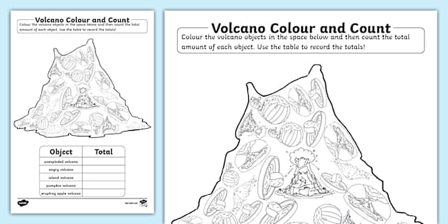 👉 Volcano Colour and Count Worksheet - Twinkl