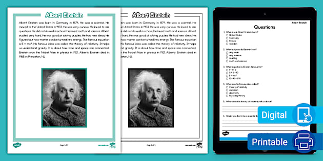 First Grade Albert Einstein Reading Comprehension Worksheet First Grade Albert Einstein Reading Comprehension Worksheet