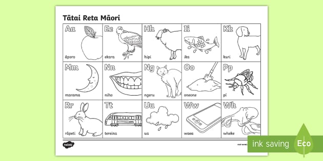 Tatai reta Māori/Māori Alphabet and Words Colouring Sheet