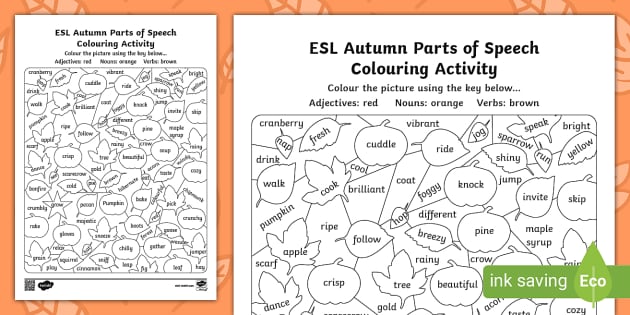 ESL Autumn Parts of Speech Colouring Activity (teacher made)