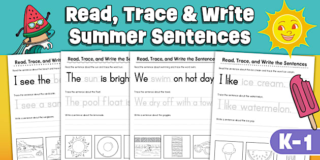 Read, Trace, and Write Summer Sentences Worksheets for K-1st Grade