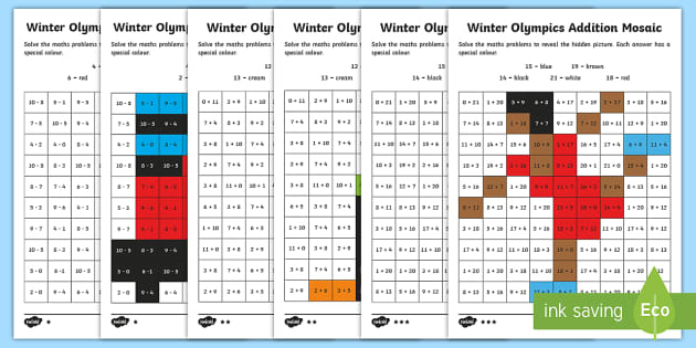 Winter Olympics Addition and Subtraction Mosaic Worksheet / Worksheets