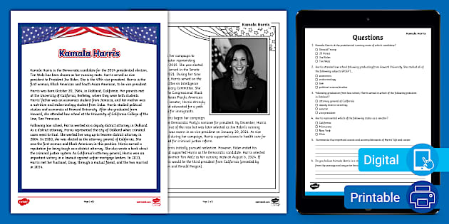 Sixth Grade Kamala Harris Reading Comprehension Activity
