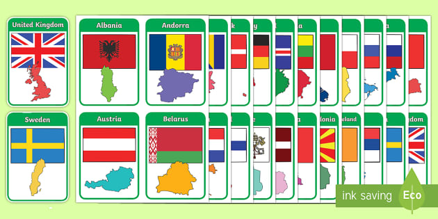European Country Shapes and Flags Flashcards - KS1 Geography Keyword Flash