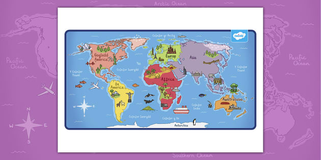 Poster Arddangos Map Darluniadol o'r Byd - Twinkl