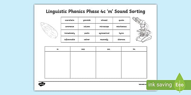 Linguistic Phonics Phase 4c 'm' Sound Sorting Worksheet