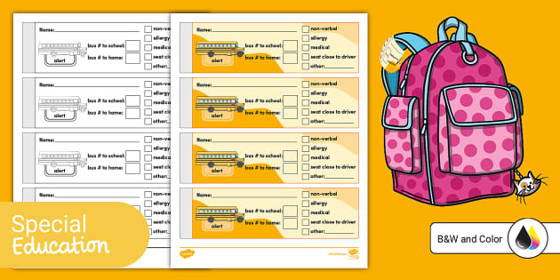 Bus Tag for Backpack for Special Education (teacher made)
