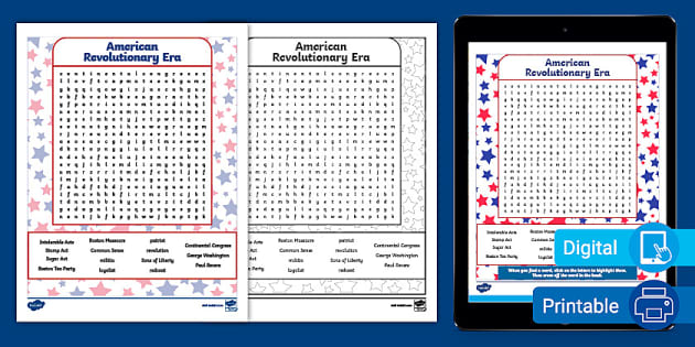 American Revolutionary War Word Search for 6th-8th Grade