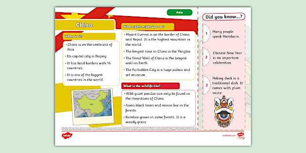 KS1 China Fact File - Geography (teacher made) - Twinkl
