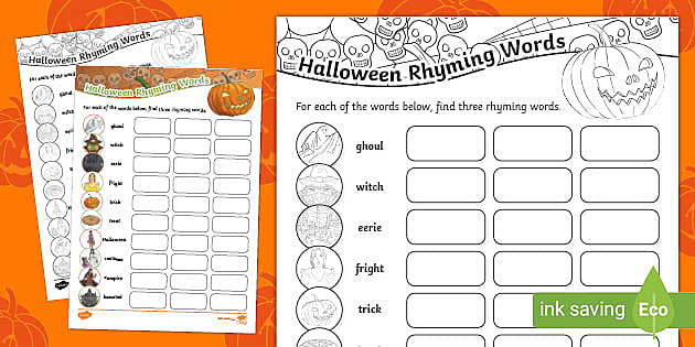 KS2 Halloween Three Rhyming Words Worksheet - Twinkl