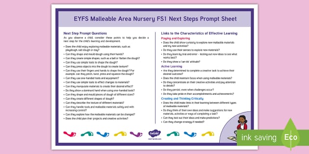 EYFS Malleable Area Nursery FS1 Next Steps Prompt Poster