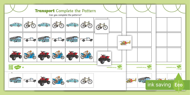 Transport-Themed Complete the Pattern Activity Sheet