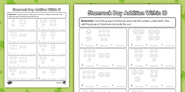 Shamrock Addition Within 10 Worksheet for K-1st Grade
