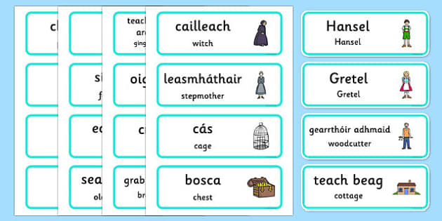 Hansel and Gretel Word Cards Gaeilge Translation - Twinkl